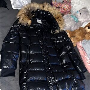 Jackets & Coats | Sams Shiny Black Puffer Coat With Faux Fur Hood | Poshmark